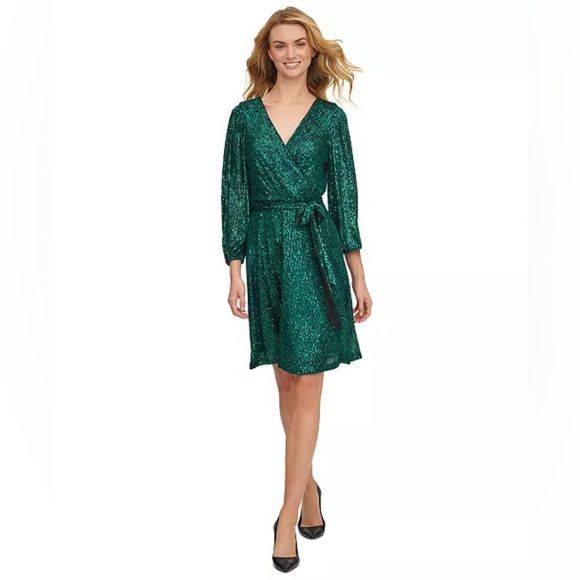 Dkny | Dresses | Nwt Dkny Dark Green Stretch Sequin Faux Wrap Tie ...